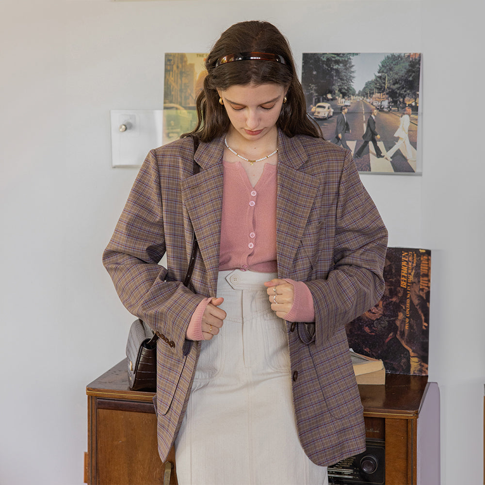 CHERYL U-Pocket Classic Jacket - Check | Poly-Wool Blend, Loose Fit ...